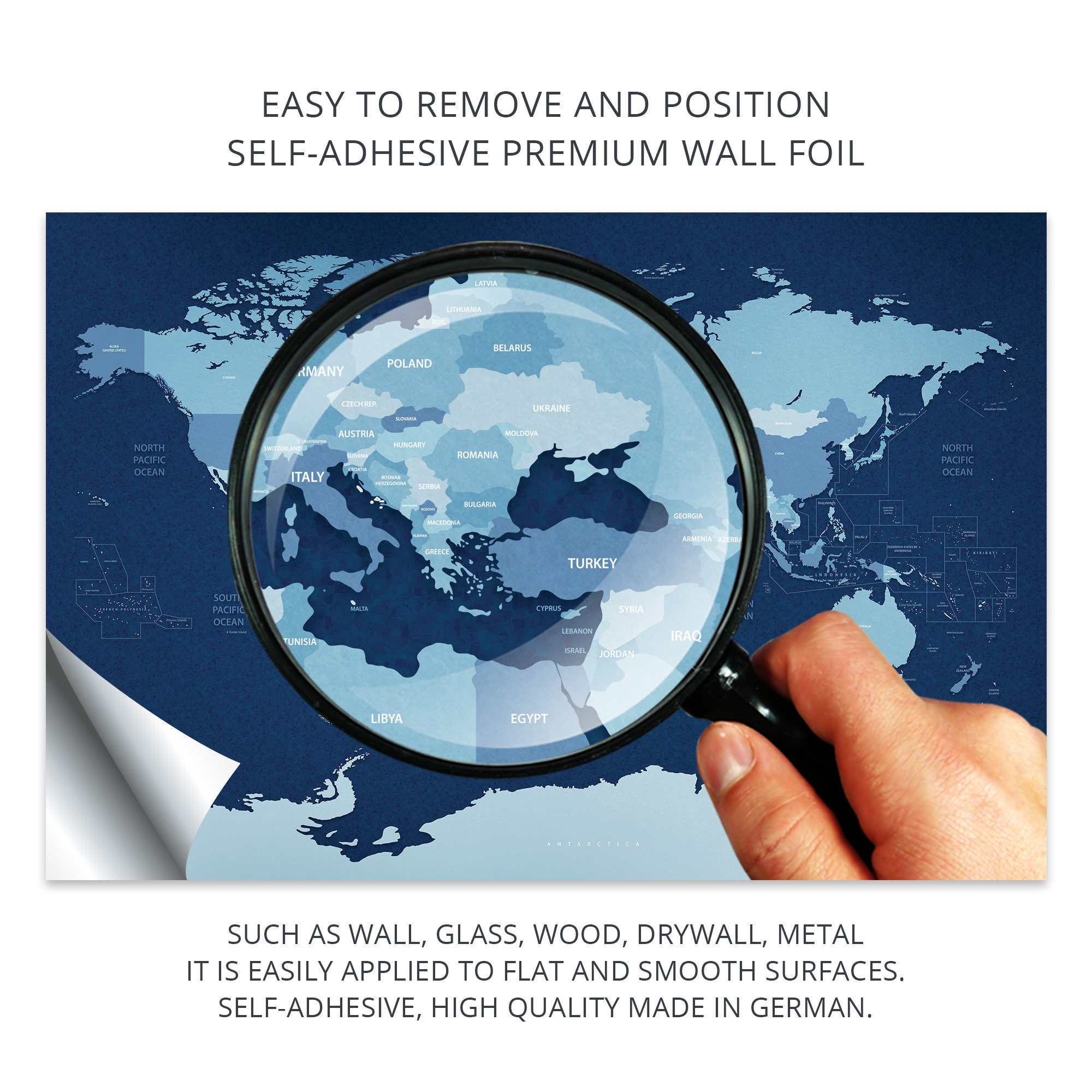 Blue World Map Peel and Stick Wall Sticker, Self Adhesive Removable ...