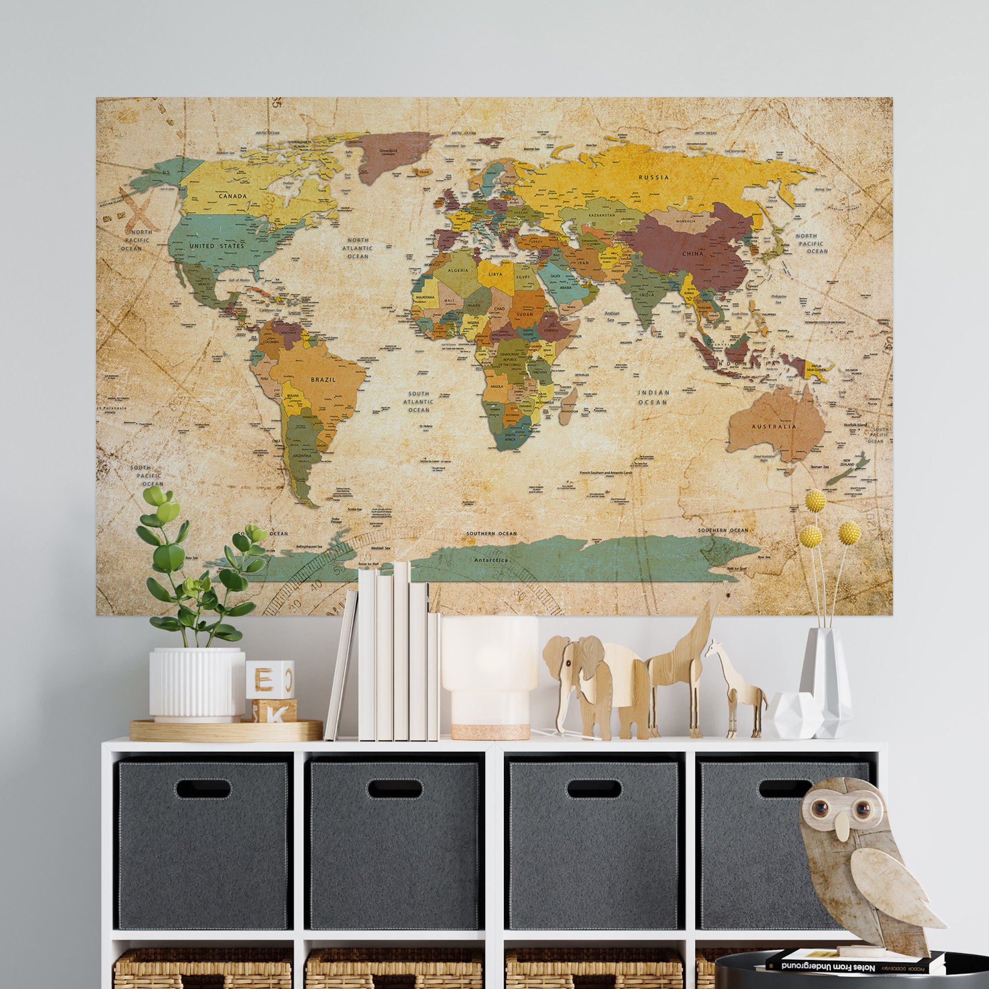 Vintage World Map Peel and Stick Removable Wall Decal, Retro Continents ...