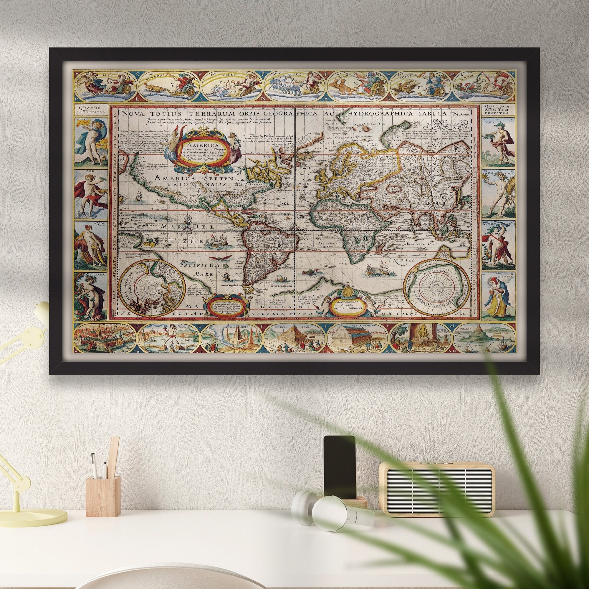 Vintage Framed Old World Map Wall Art, Aesthetic World Map Canvas Print ...