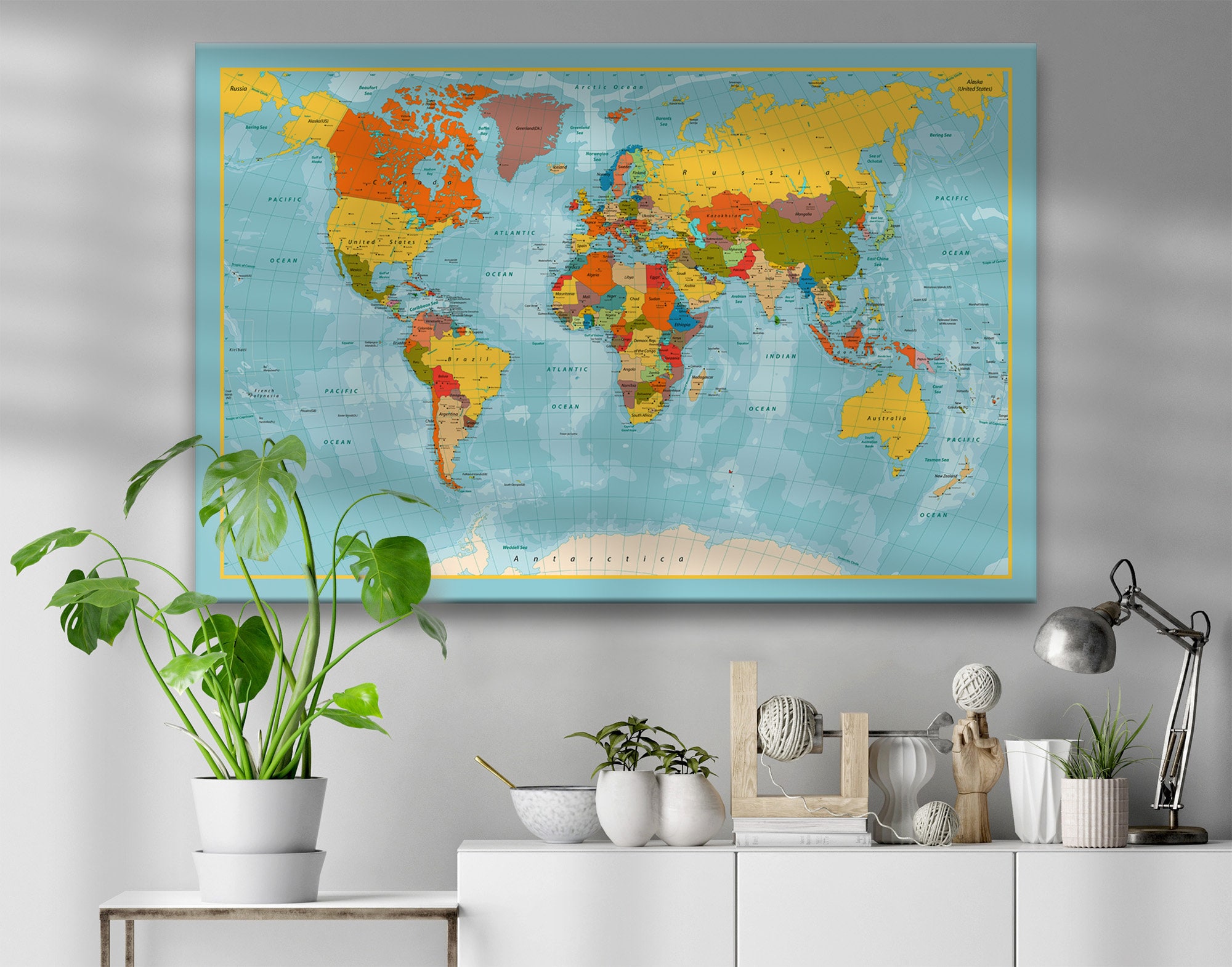 Actual World Map Ready to Hang Framed Canvas Wall Print Large - Etsy ...