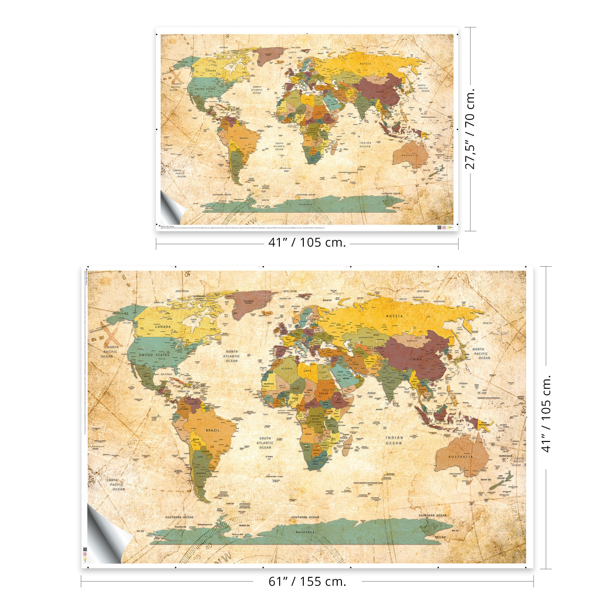 Vintage World Map Peel and Stick Removable Wall Decal, Retro Continents ...