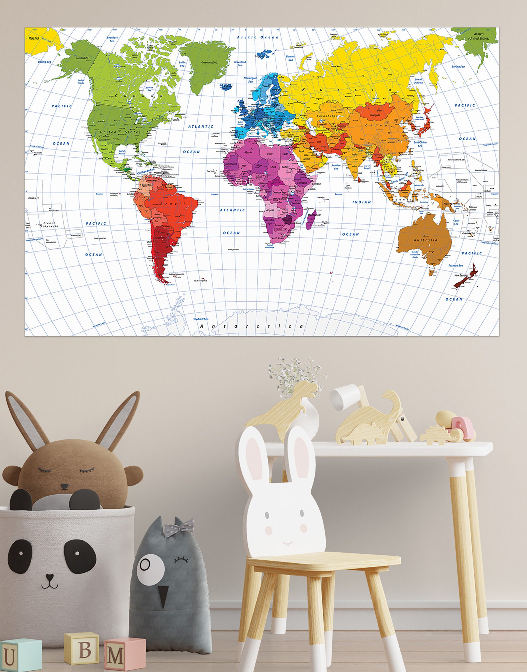 Colorful World Map Peel and Stick Wall Decal: Educational Continents ...
