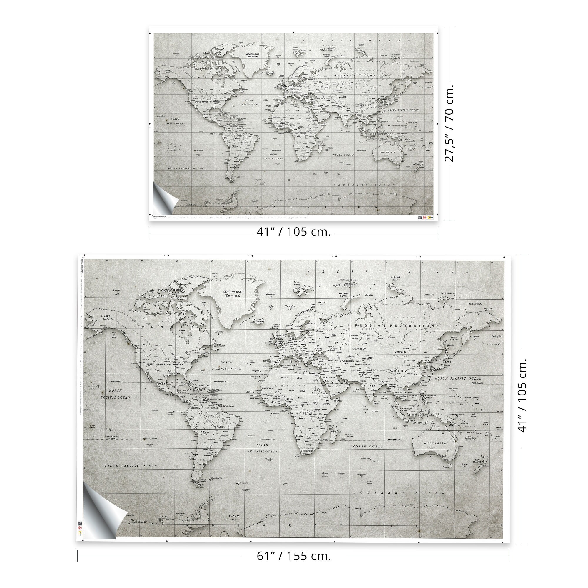 Gray World Map Peel and Stick Wall Sticker, Actual Educational ...