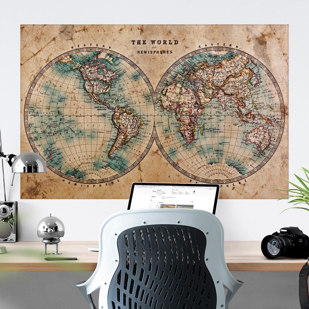 World in Hemispheres Peel and Stick Wall Sticker, Retro Vintage World ...