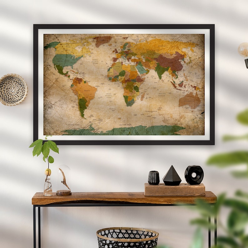 Vintage World Map Canvas Print: Framed Traveler Push Pin Wall Art ...