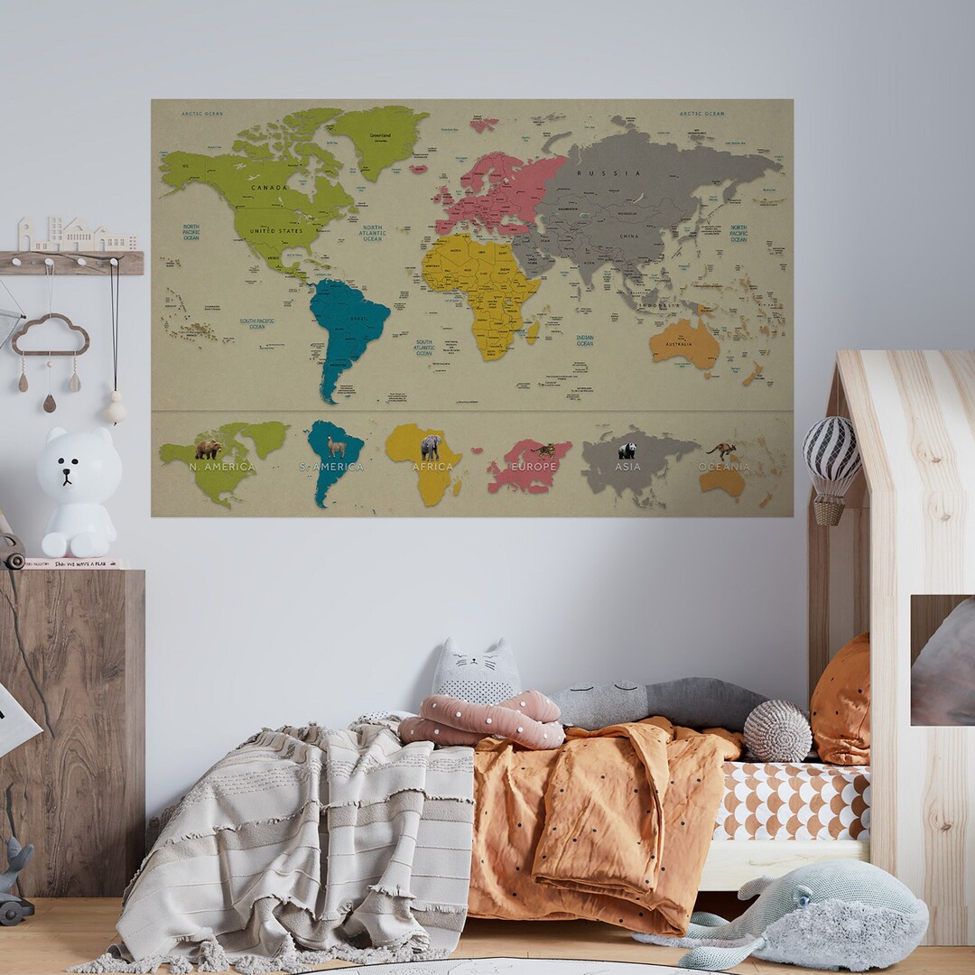 World Map Wall Sticker With Animals Specific to Continents, Educational ...