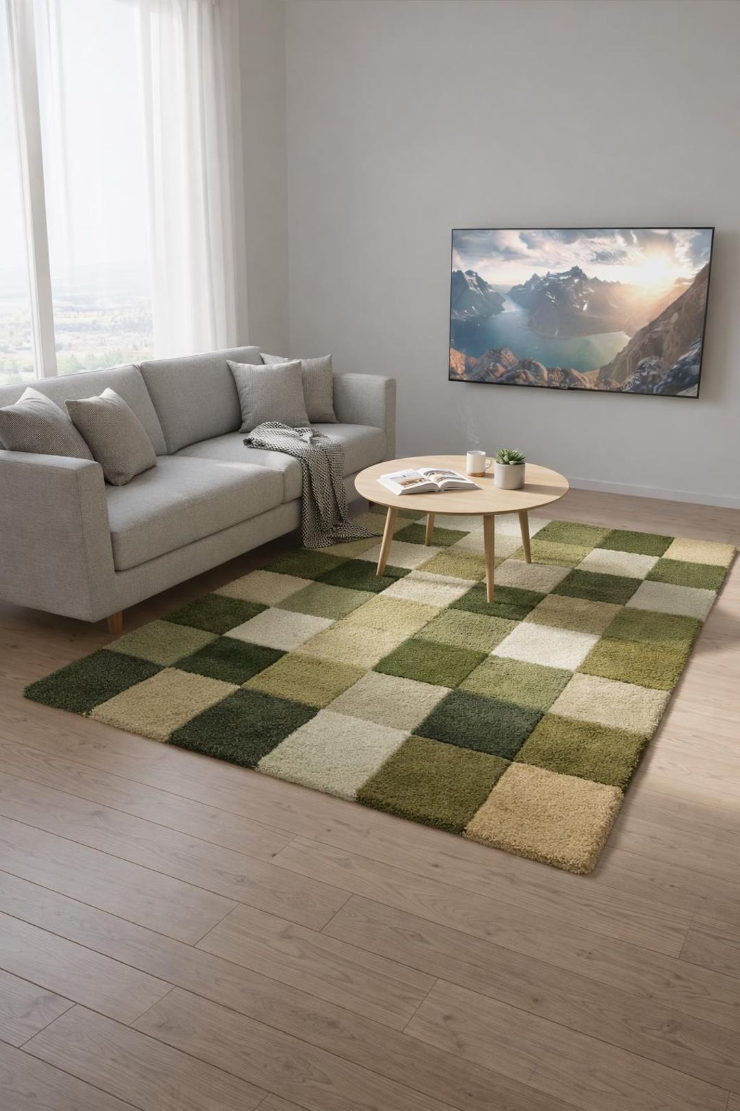 Green Checkered Area Rug, Modern Plaid Rug, Cottage Core Carpet, Sage ...