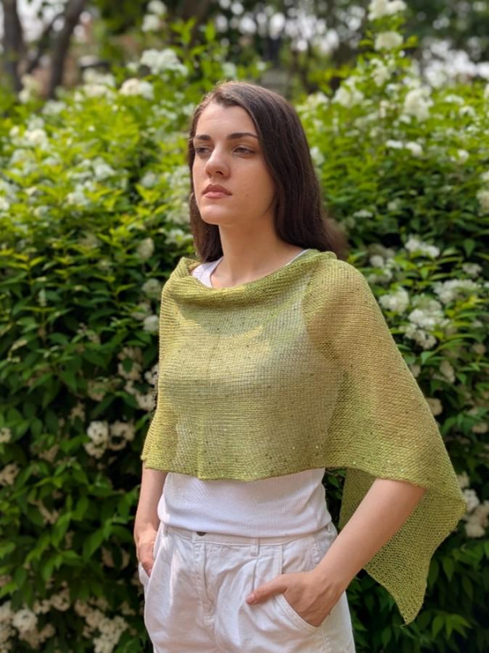 Hand-knitted Linen Sequin Shrug: Lightweight Summer Poncho - Handmade ...