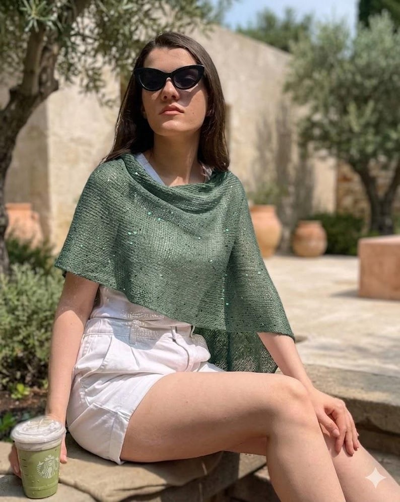 Hand-knitted Linen Sequin Shrug: Lightweight Summer Poncho - Handmade ...