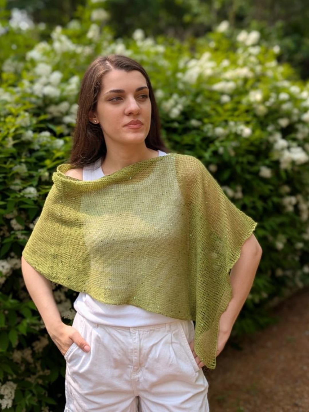 Hand-knitted Linen Sequin Shrug: Lightweight Summer Poncho - Handmade ...