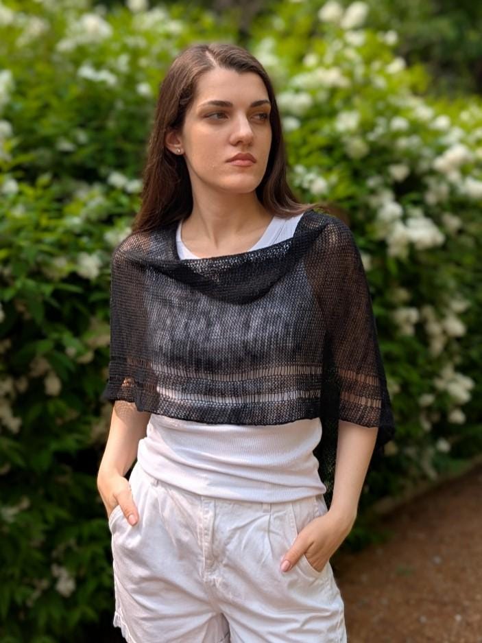 Hand-knitted Linen Sequin Shrug: Lightweight Summer Poncho - Handmade ...