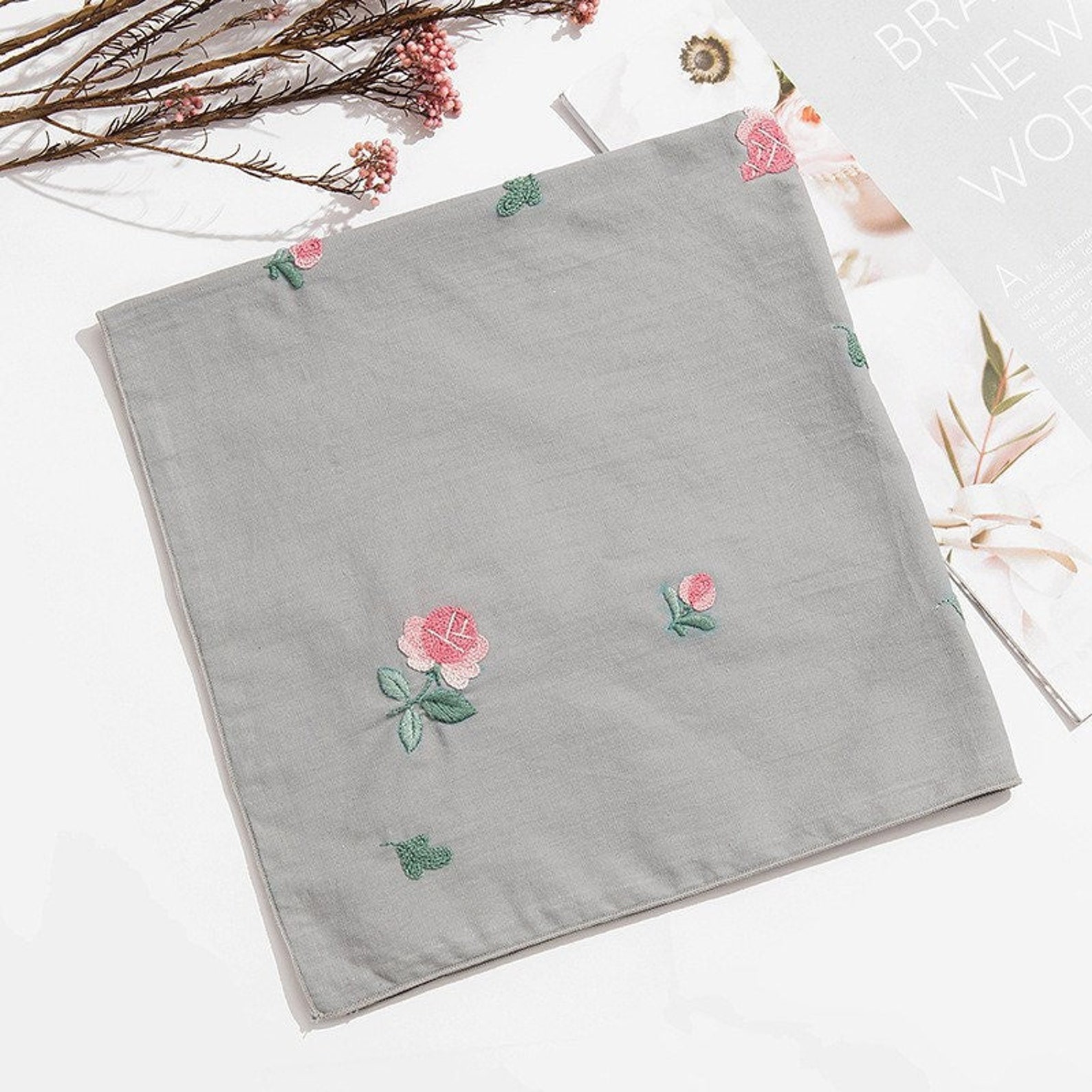 Handkerchief Embroidery Kit for Beginner Floral Embroidery Pattern 50cm ...