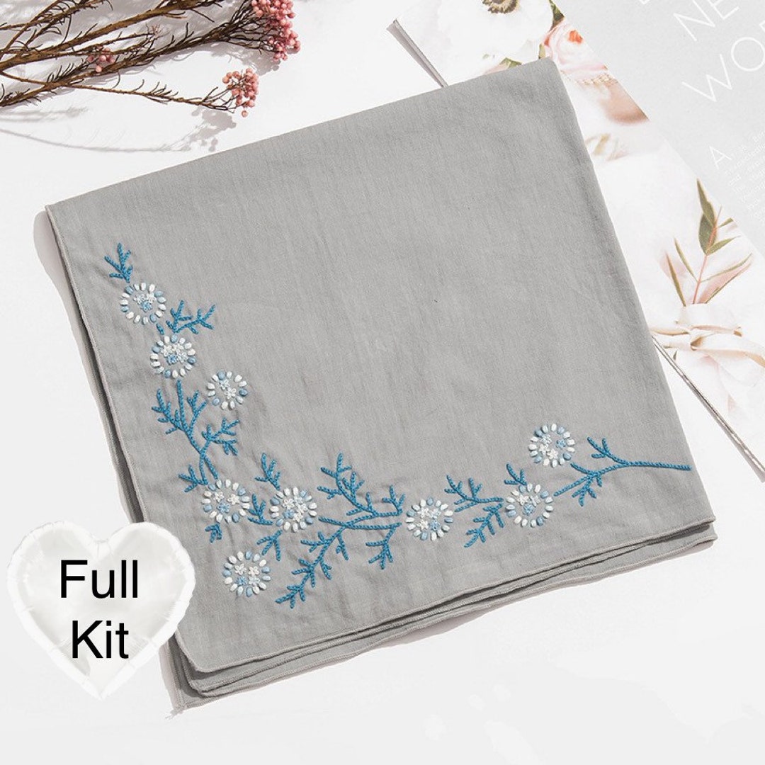 Handkerchief Embroidery Kit for Beginner Floral Embroidery Pattern 50cm ...
