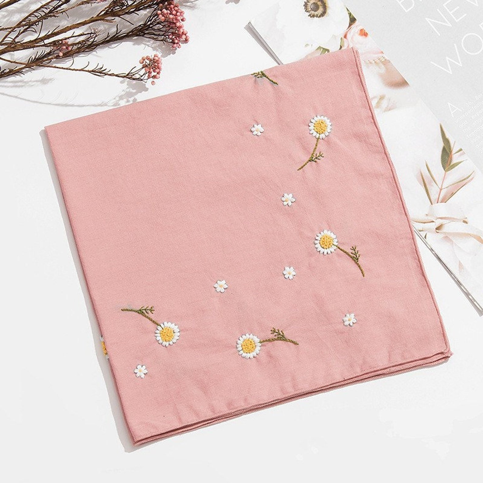 Handkerchief Embroidery Kit for Beginner Floral Embroidery Pattern 50cm ...