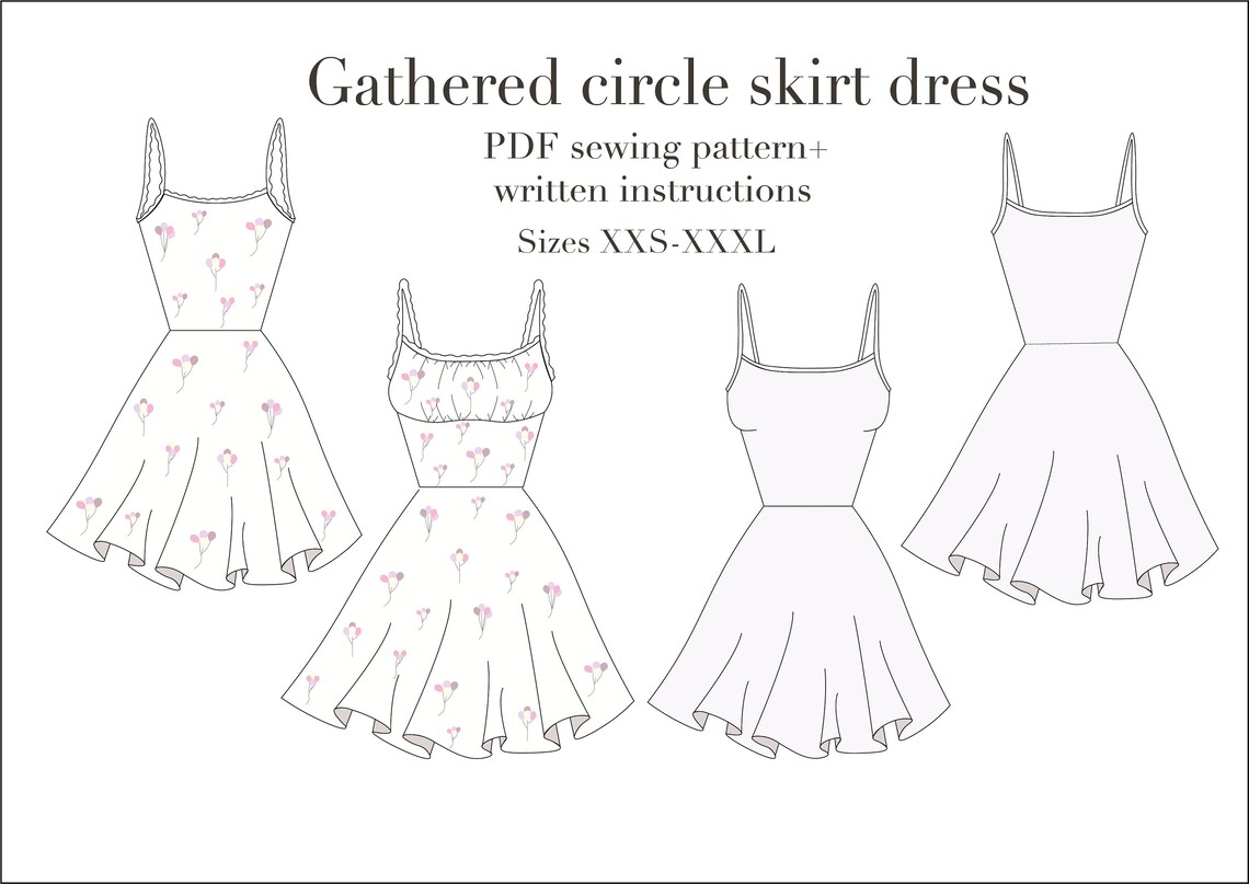 Stretch Gathered Circle Skirt Dress PDF Sewing Pattern Sizes XXS-XXXL ...
