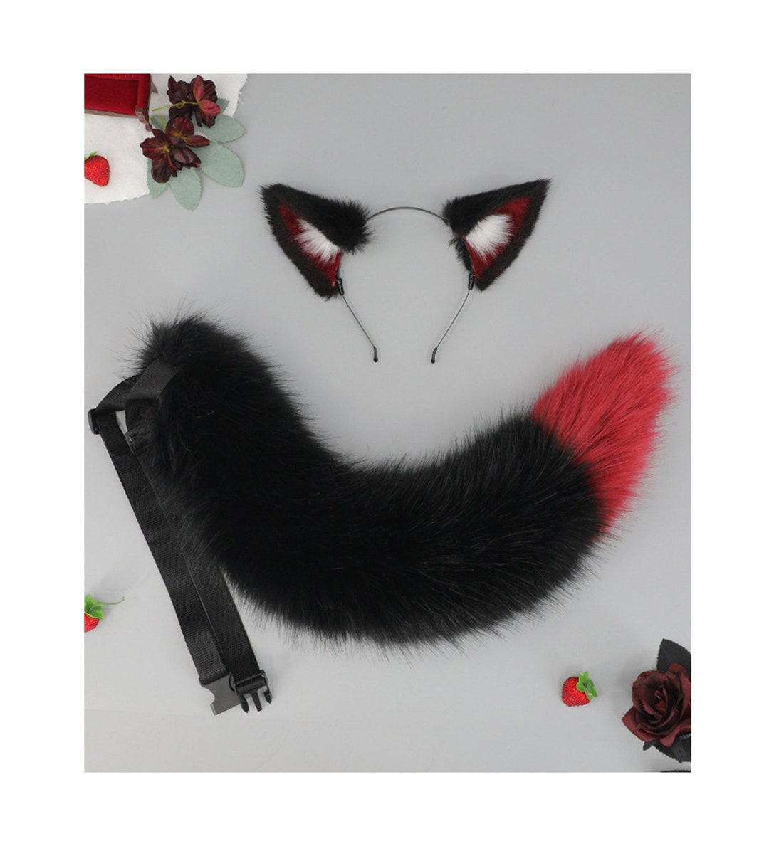 Black Red Wolf Fox Cat Ears Tail Fursuit Wolf Ears Hairband Headband