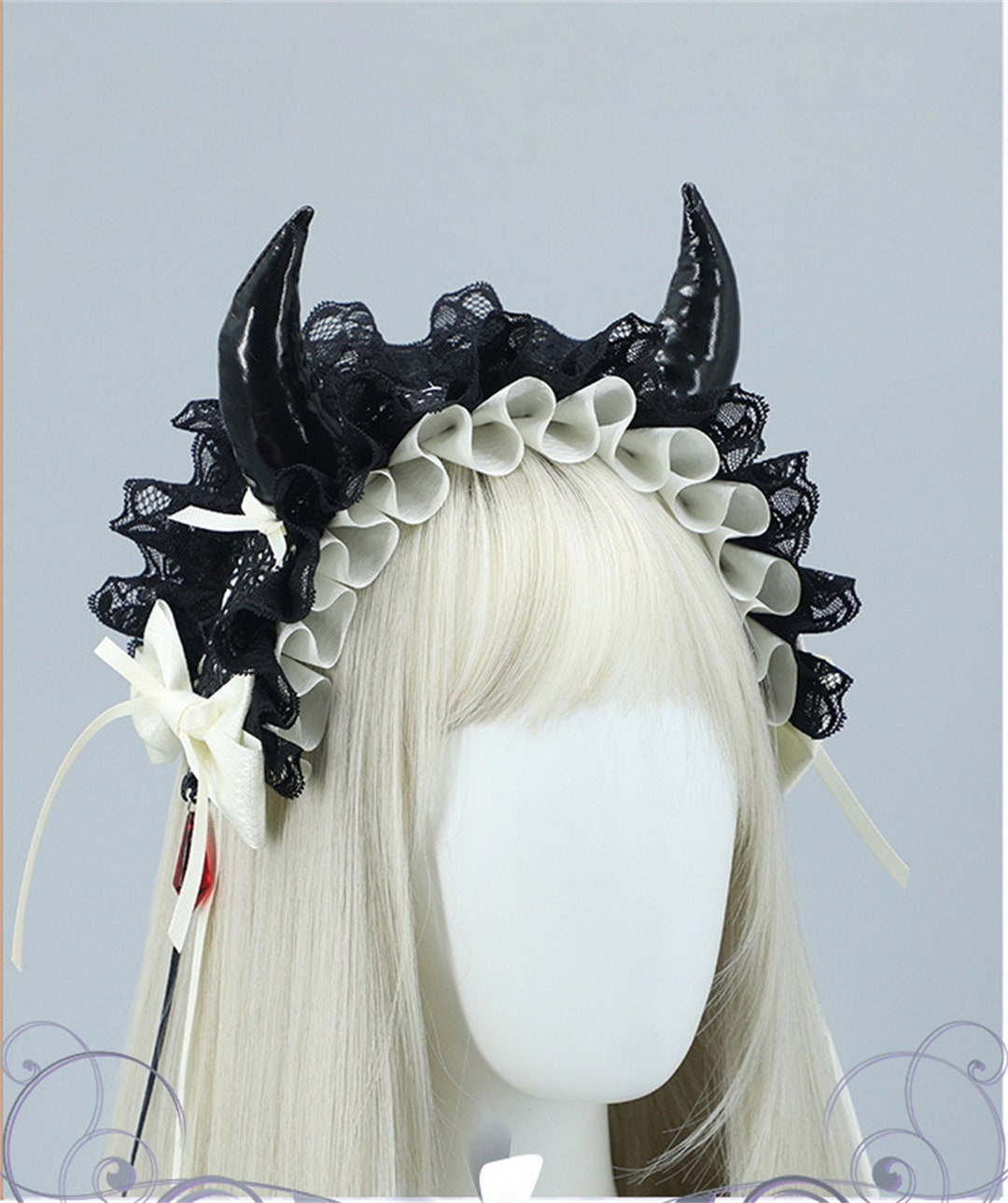 3 Colors Goth Lace Headband With Devil Horns, Gothic Lolita Hairdband ...