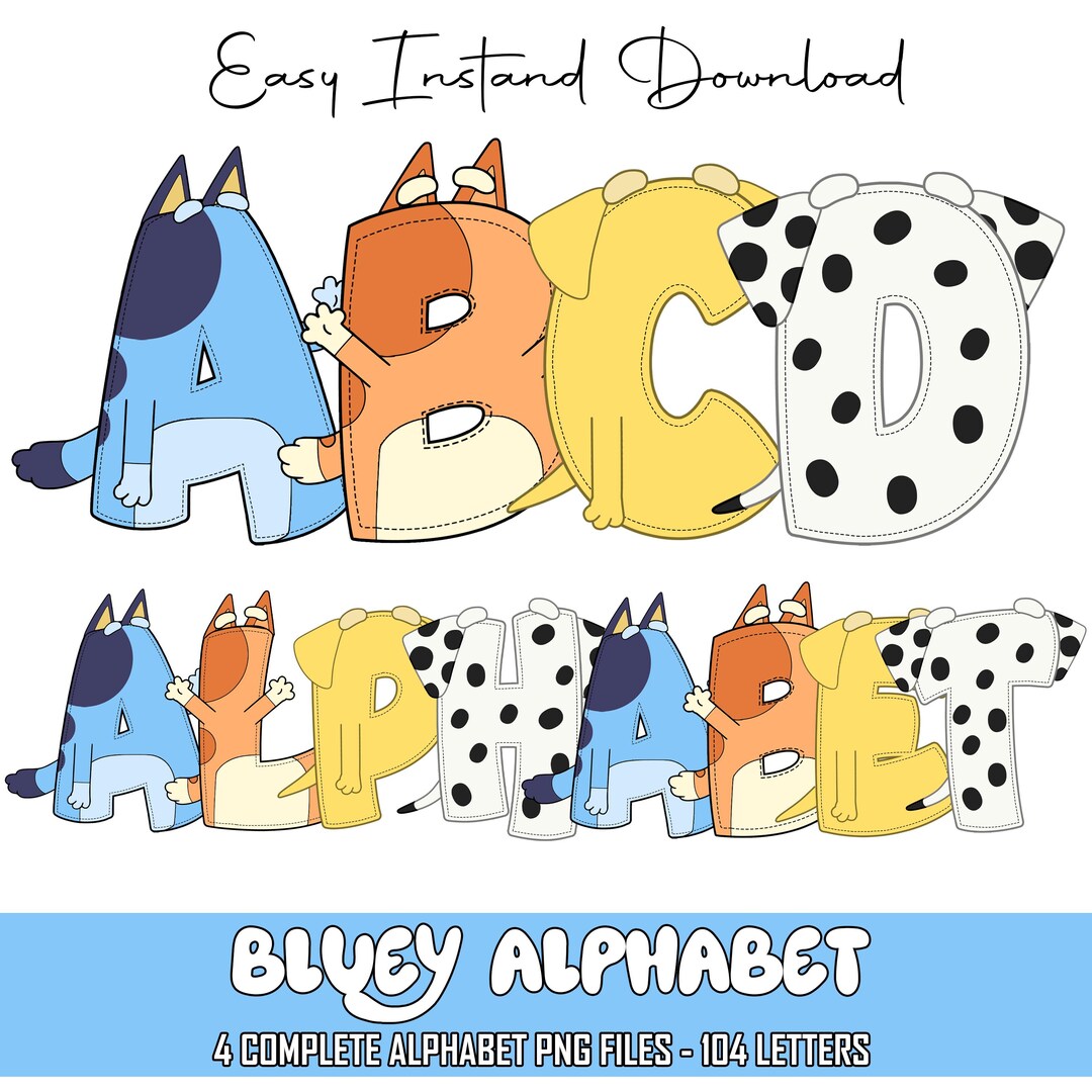 Blue Dogy Friends Alphabet PNG Font Bundle, Blue Dogs Character Letters ...