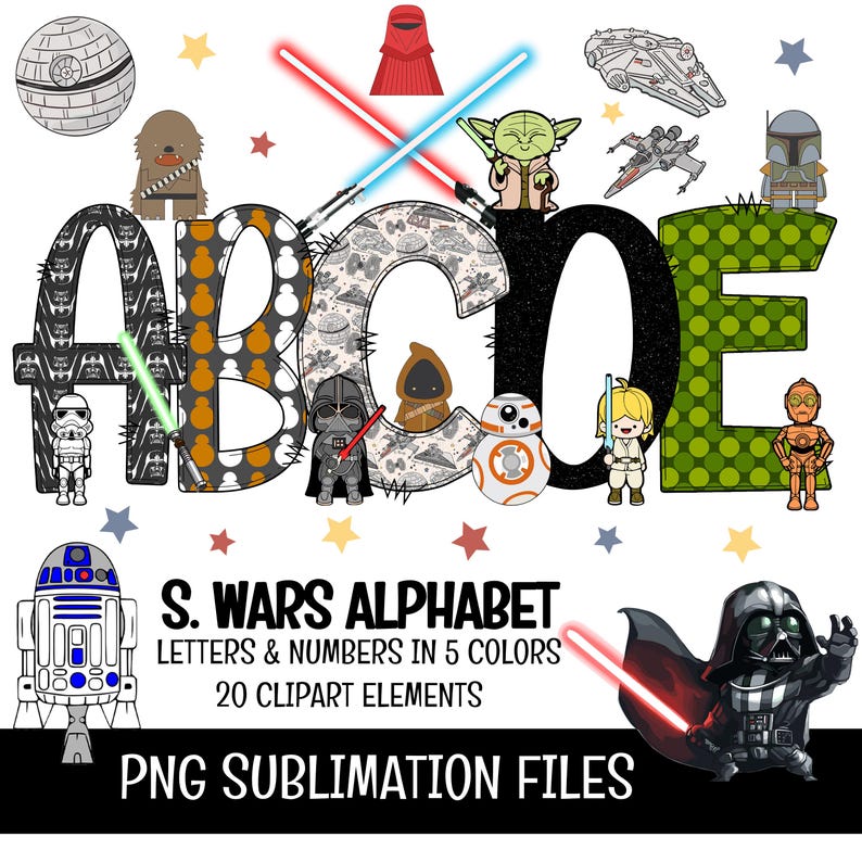 Star Space Wars Doodle Alphabet Bundle, Wars PNG Letters, Numbers, S ...
