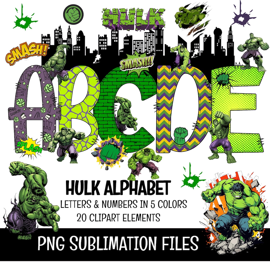 Hulk Doodle Alphabet Bundle, Hulk PNG Letters, Numbers, Hulk Clipart ...