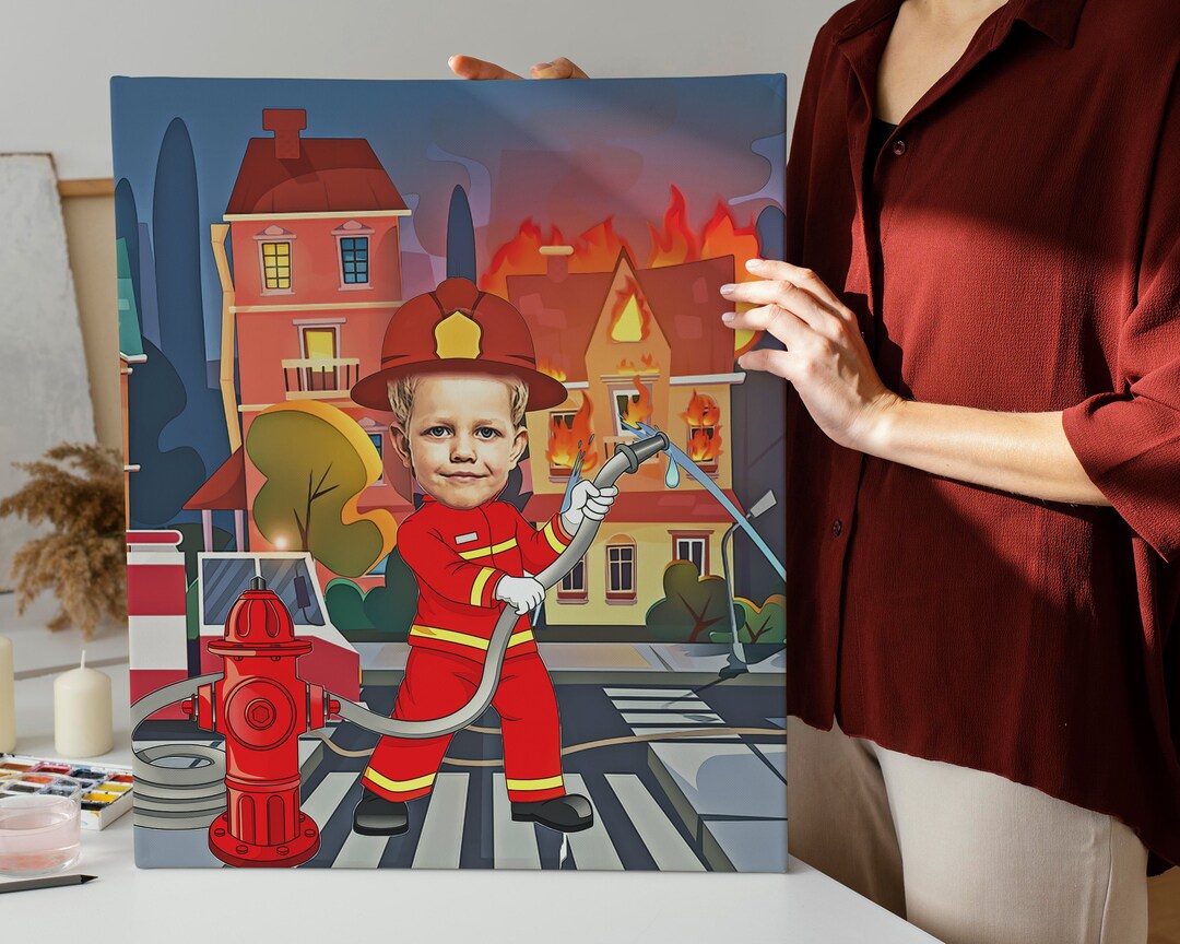 Firefighter Kids Custom Portrait,personalized Boy Firefighter Art ...