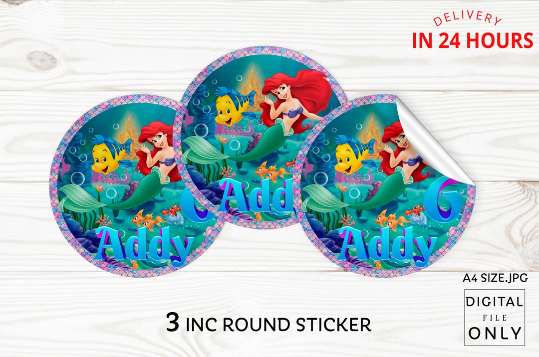Printable Disney Ariel Custom Sticker, Personalized Ariel Round Sticker ...