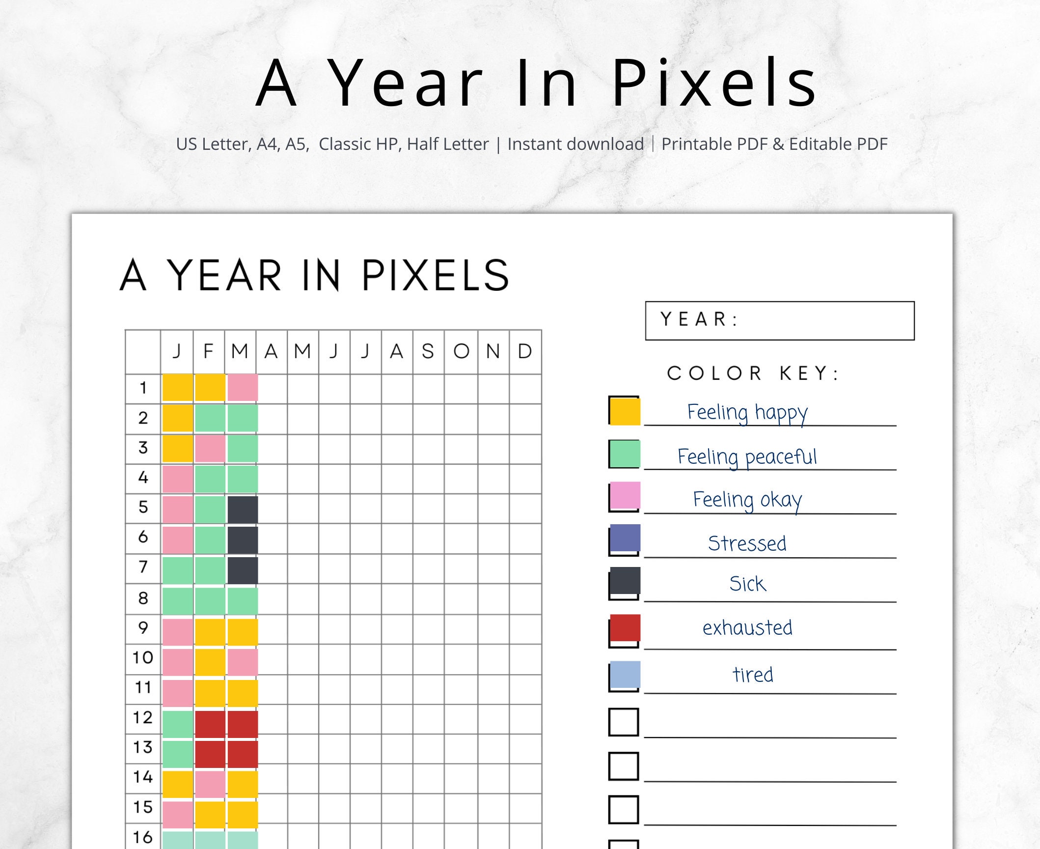 Year in Pixels EDITABLE Yearly Habit Tracker Mood Tracker Health ...
