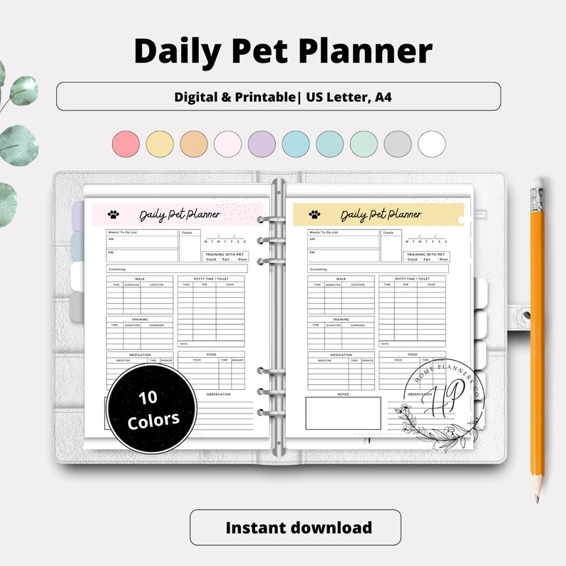 Daily Pet Planner: Printable Pet Tracker, Care Log for Dogs & Cats ...