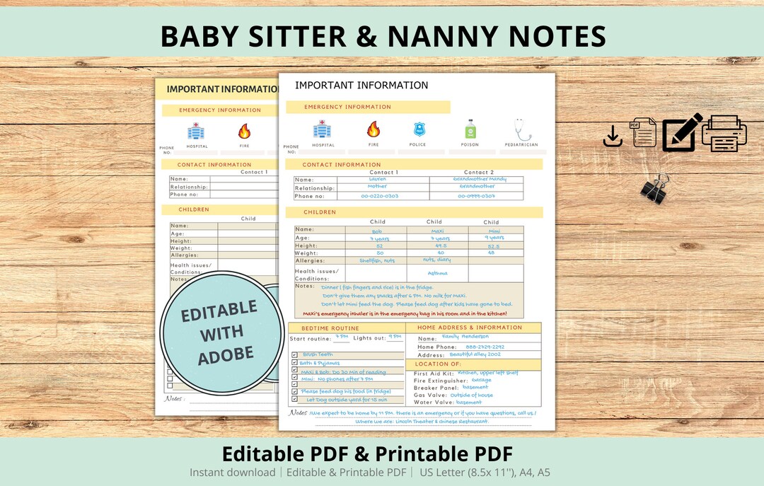 EDITABLE Babysitter Notes Nanny Information Sheet, Nanny Notes ...