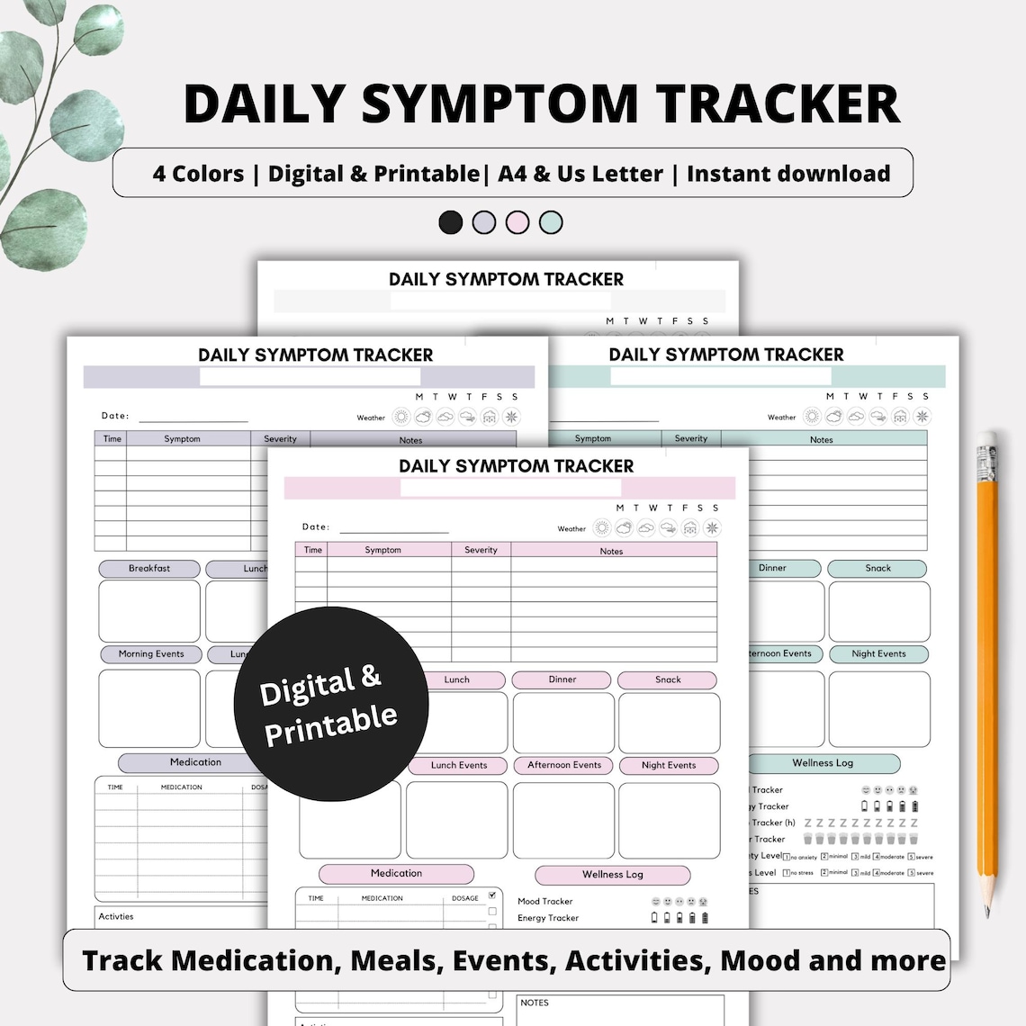 Symptom Tracker Printable | Health Log, Meal & Mood Tracker, Medication ...