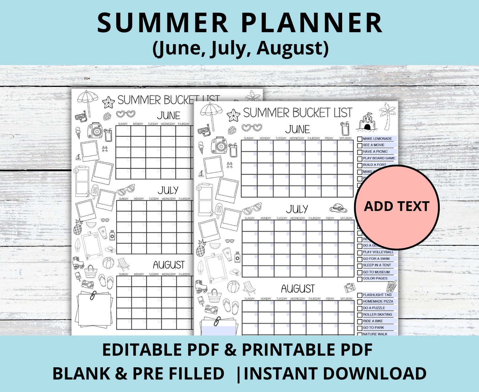 Printable Summer Calendar Poster Editable Summer Planner Undated Summer ...