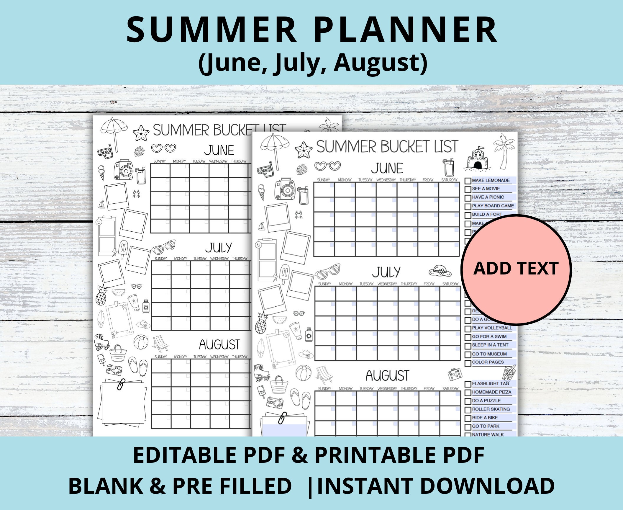 Printable Summer Calendar Poster Editable Summer Planner Undated Summer ...