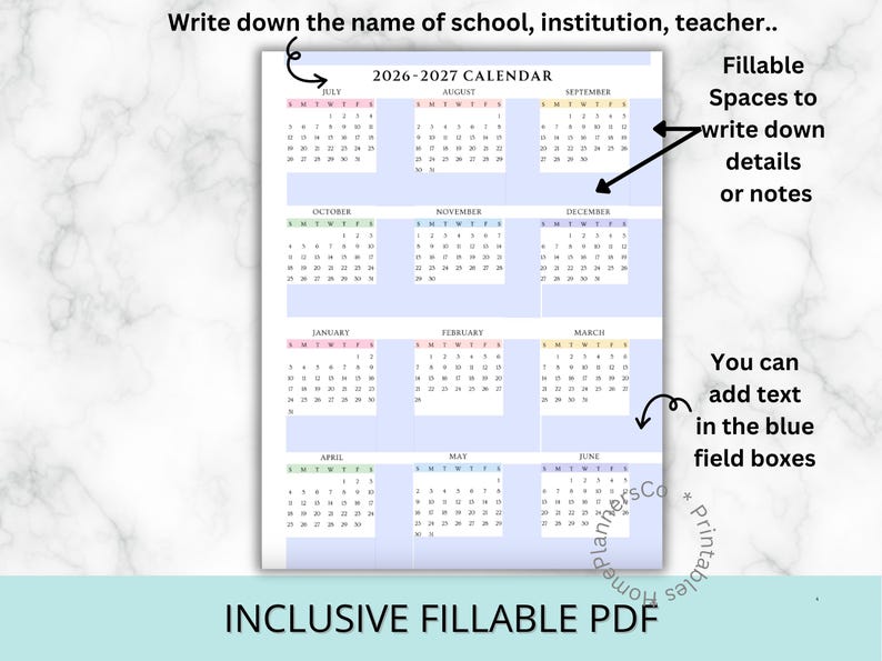 2026-2027 School Calendar: Printable Fillable Academic Calendar ...