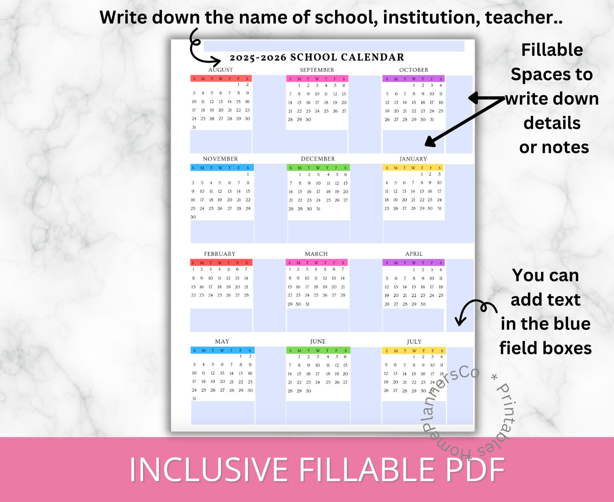 2025-2026 Editable School Calendar Template for Preschool, Daycare ...