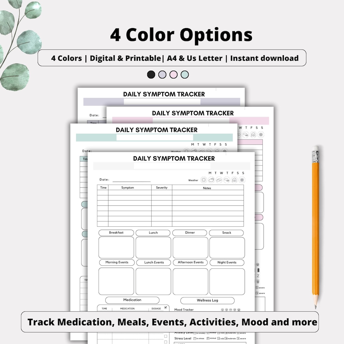 Symptom Tracker Printable | Health Log, Meal & Mood Tracker, Medication ...