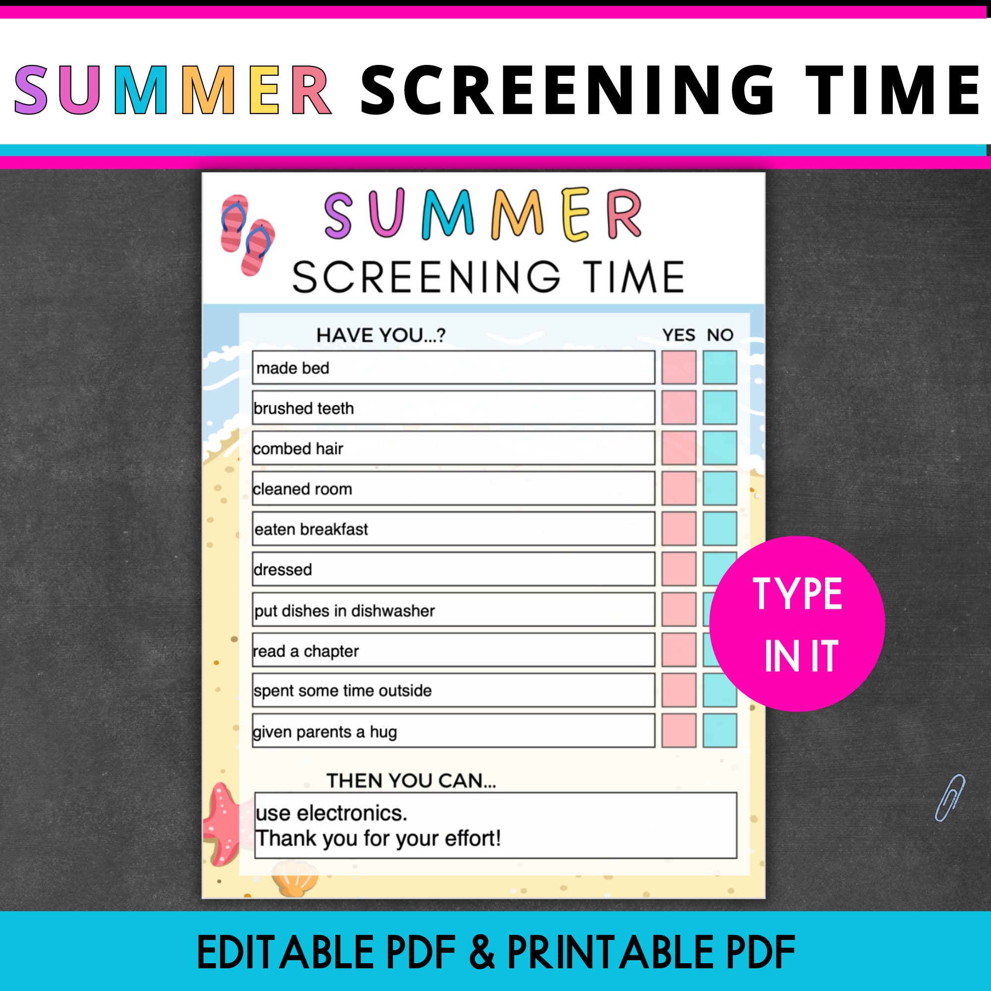 Kids Screen Time Chart Checklist Editable Printable Screen Time Chore ...