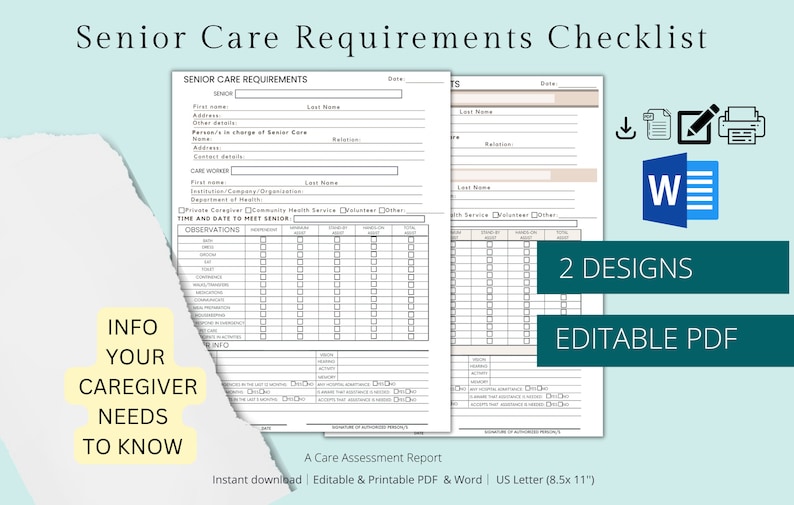 EDITABLE Care Assessment Report, Senior Care Requirements Checklist ...