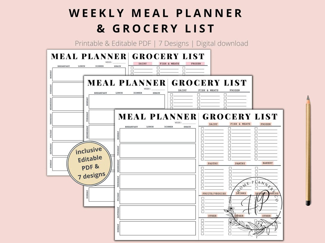 EDITABLE Weekly Meal Planner & Grocery List | Printable Weekly Menu ...