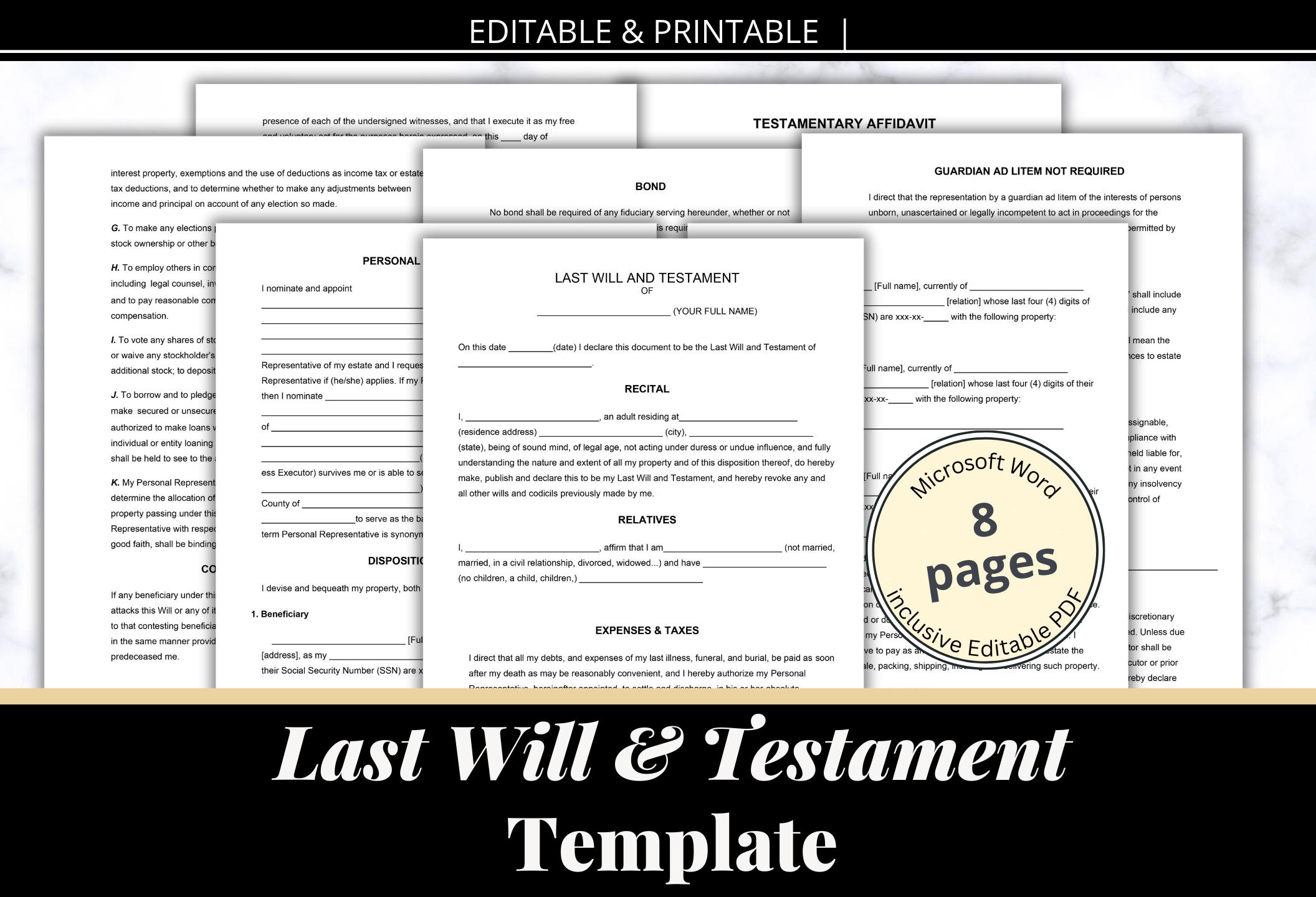 EDITABLE Last Will and Testament Template, Living Will and Trust, Will ...