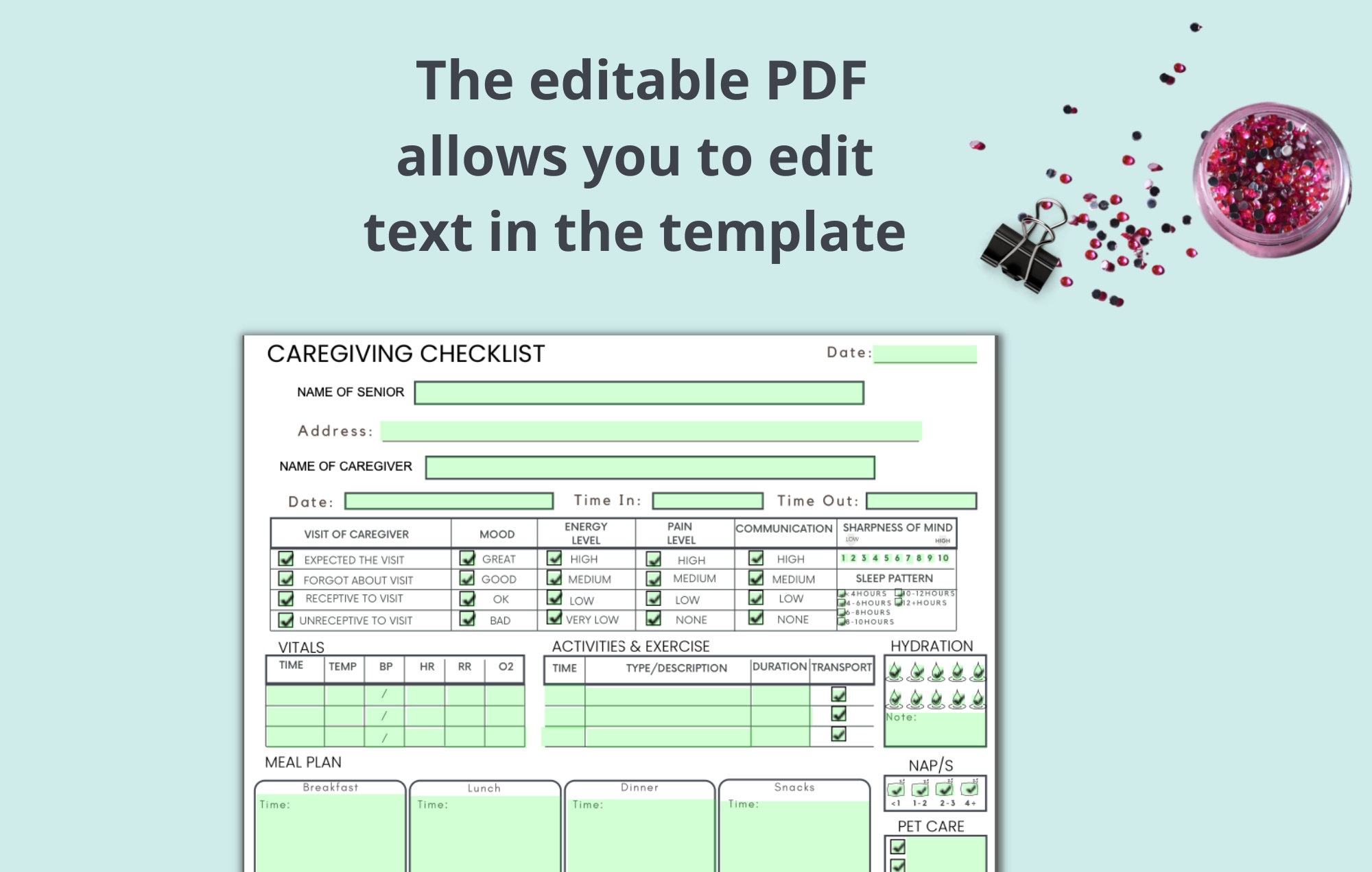 EDITABLE Caregiving Elderly Care Checklist Printable Template for ...