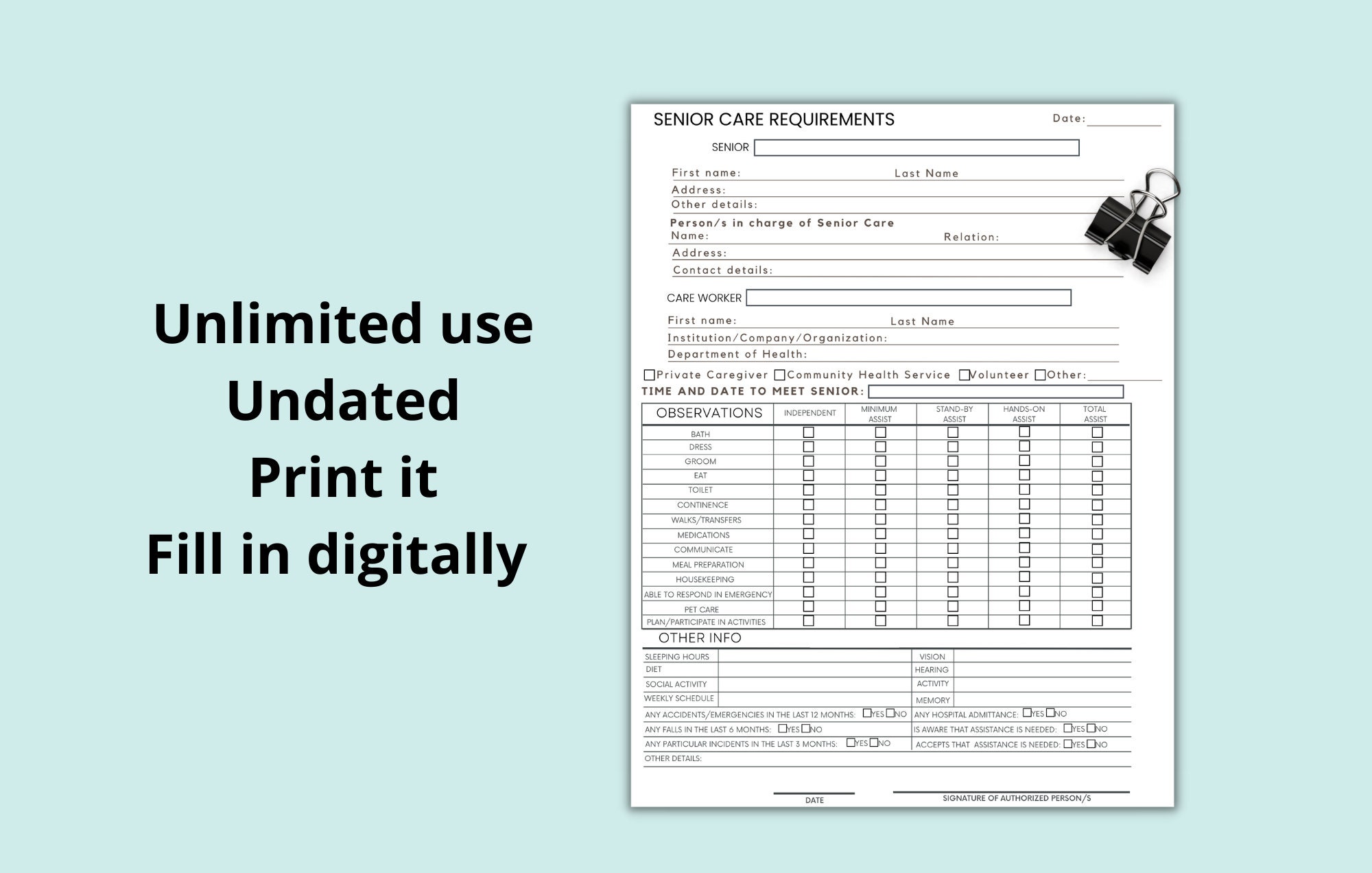 EDITABLE Care Assessment Report Senior Care Requirements - Etsy