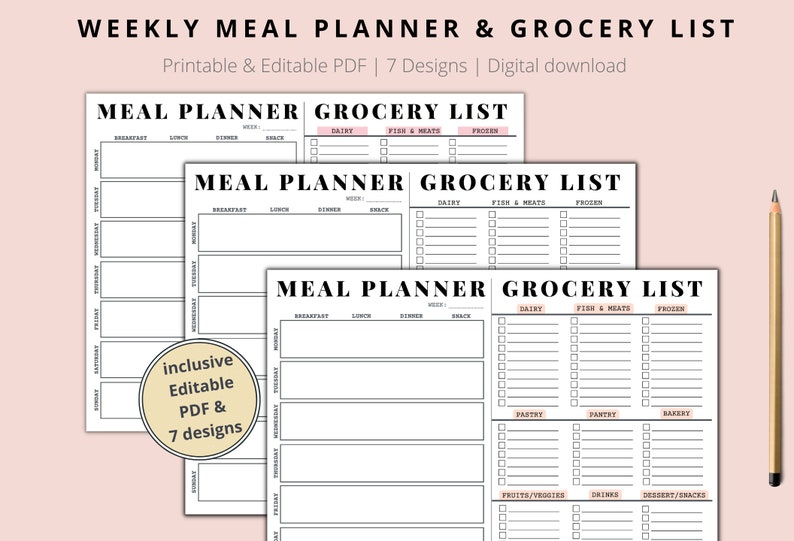 EDITABLE Weekly Meal Planner & Grocery List Printable - Etsy