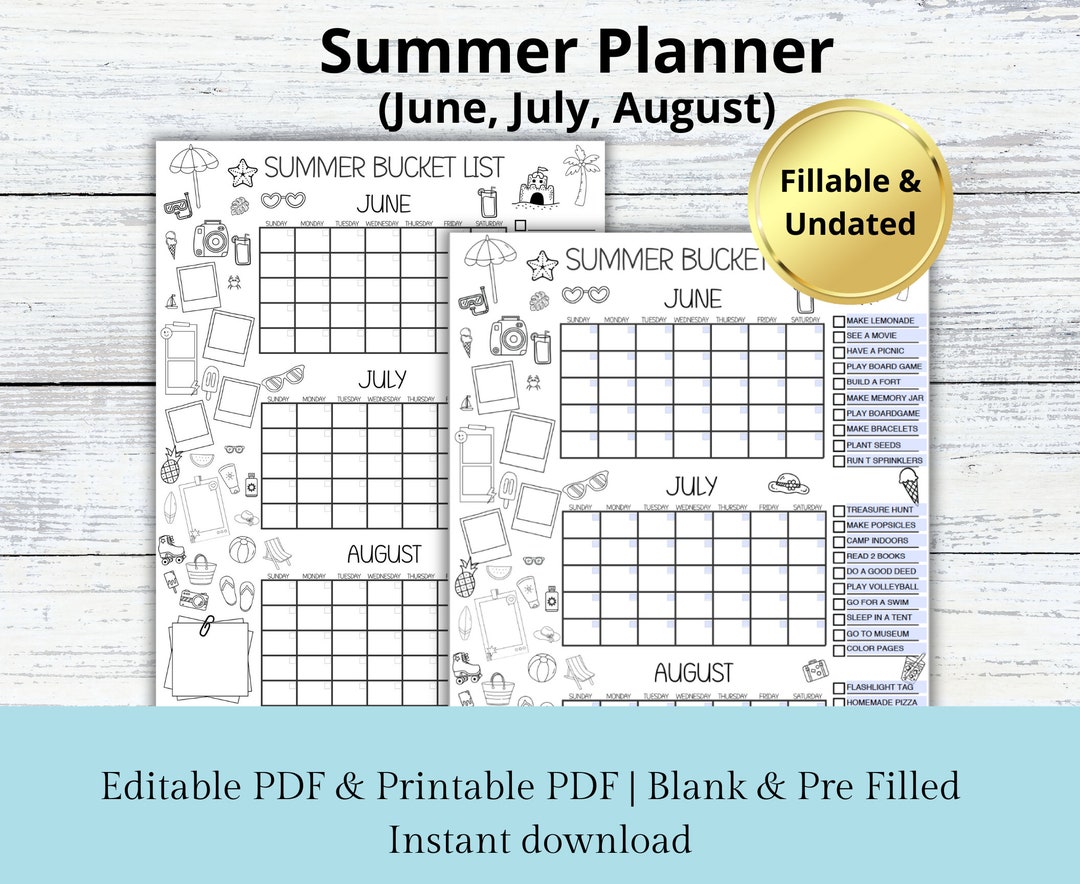 Printable Summer Calendar Poster Editable Summer Planner Undated Summer ...
