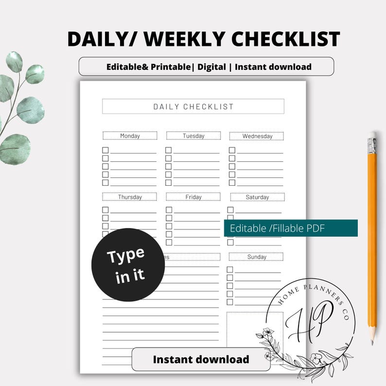 Daily & Weekly Checklist: Editable and Printable Productivity Planner ...