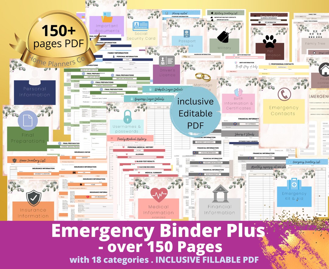 EDITABLE Emergency Binder Plus Family Binder Life Planner - Etsy