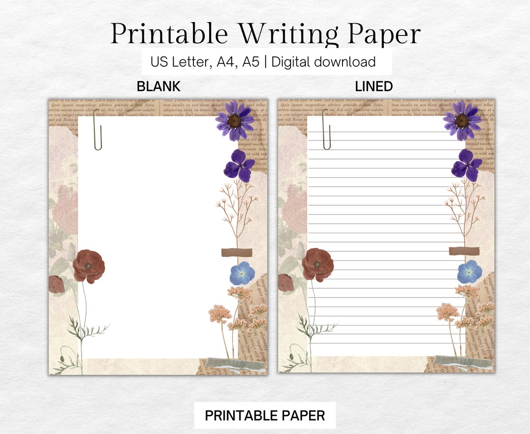 Writing Set Notes, Floral Printable Letter Paper, Lined Unlined, Line ...
