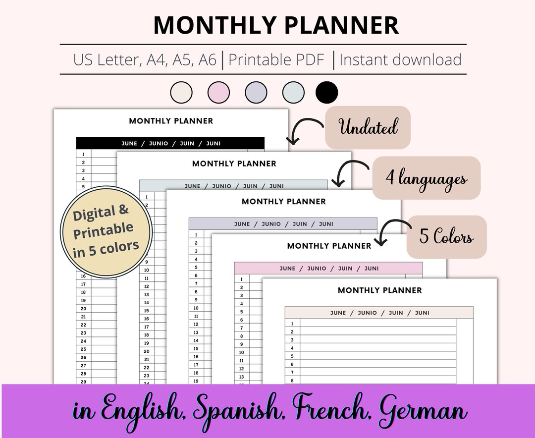 Monthly Planner in English, Spanish, French, German, Printable 2025 ...