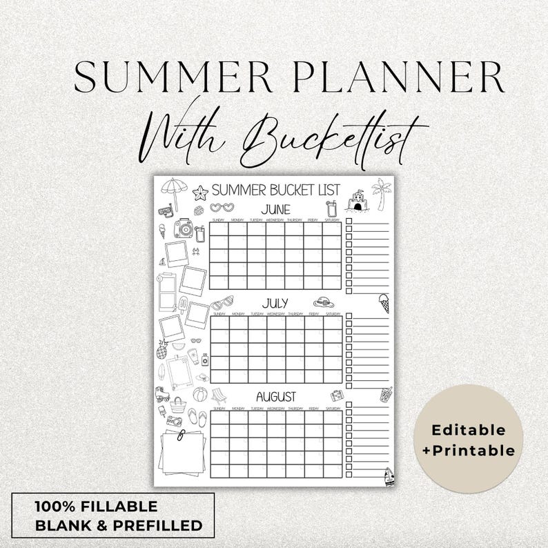 Summer Calendar Poster Printable Bucket List Calendar, Editable Summer ...