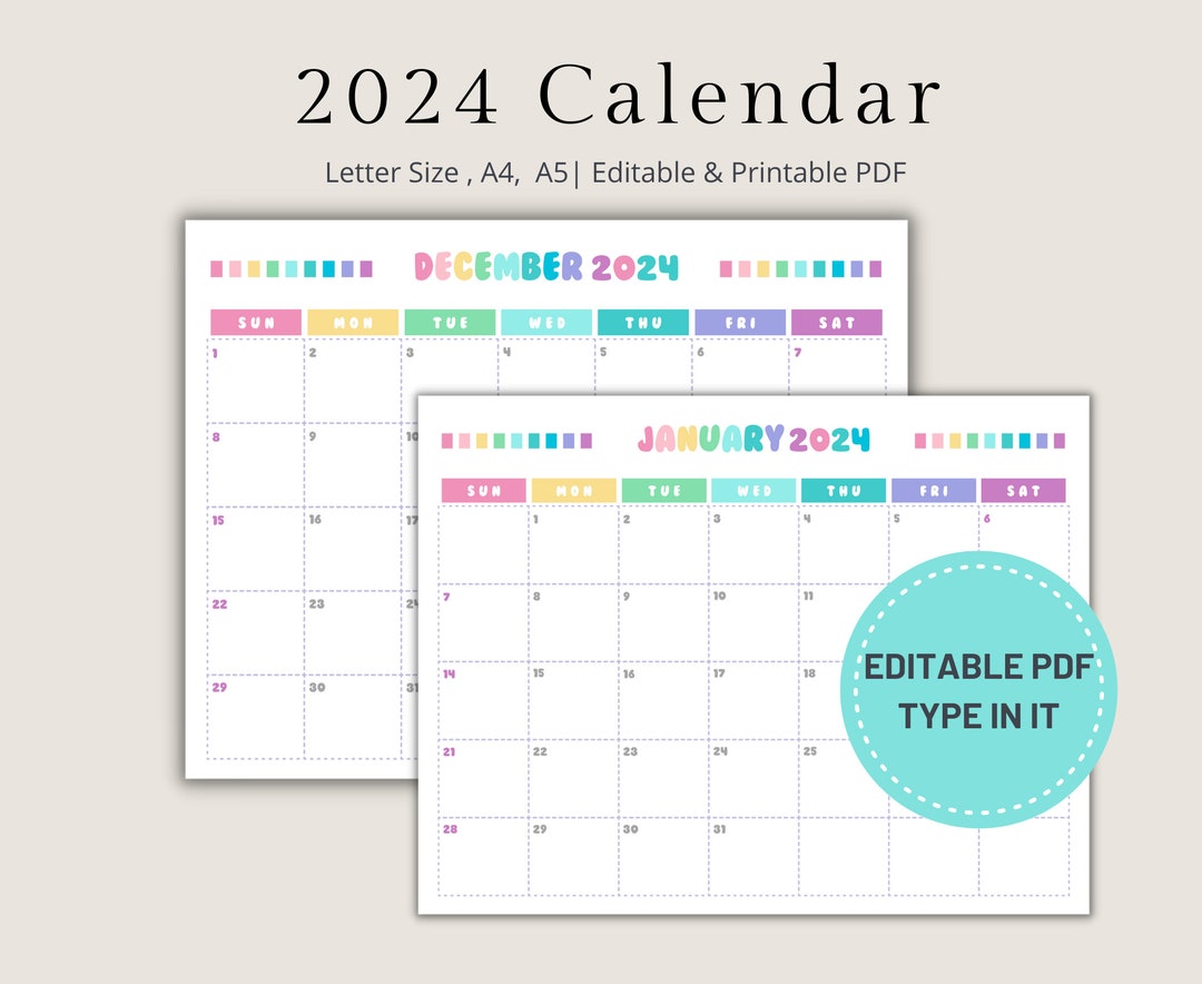 EDITABLE 2024 Calendar Printable Fillable 2024 Calendar Monthly ...