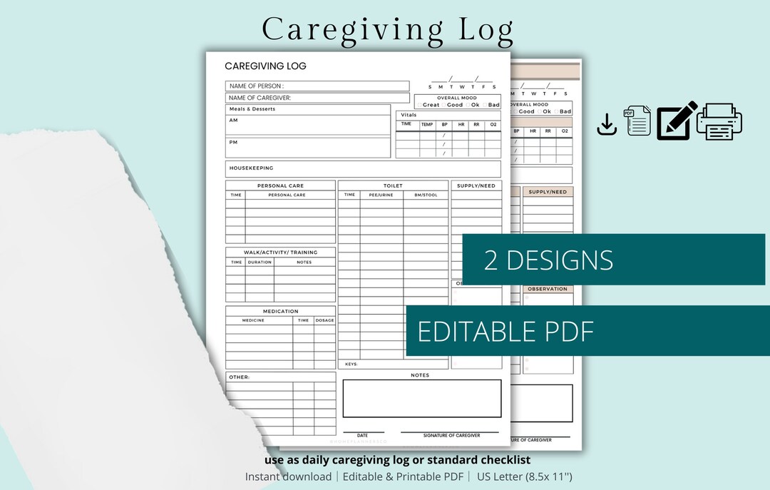 EDITABLE Caregiving Log Disability Care Checklist Printable Template ...